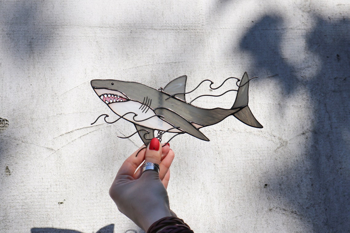 Shark Suncatcher Stained Glass Decor Gray Water Sea Ocean Home - Etsy