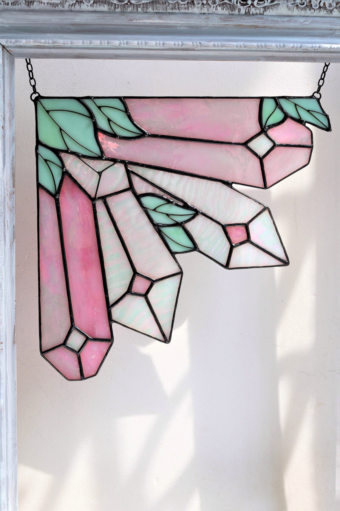 Stained Glass Window Hangings Pink Corner Crystals Panel | Etsy