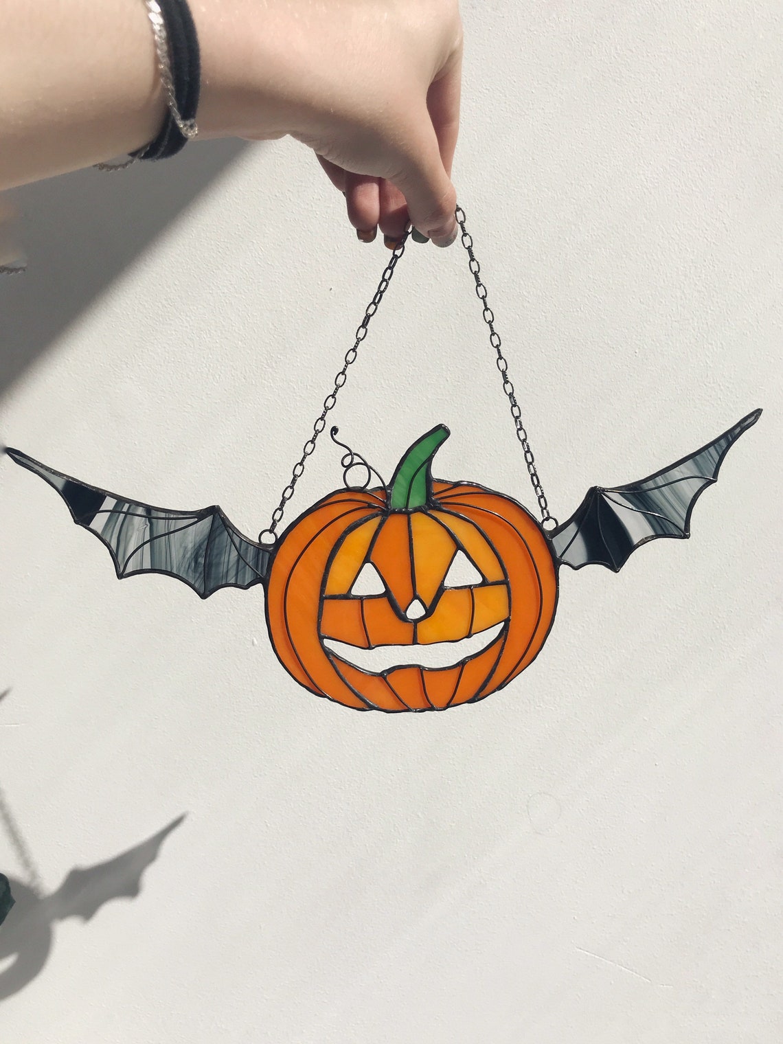 Halloween Pumpkin Suncatcher Stain Glass Bat Wings Orange Picture Home ...