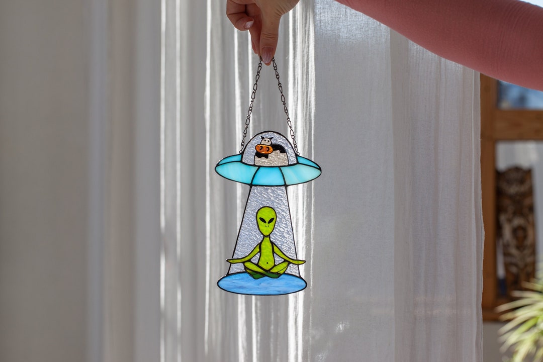 Stained Glass Alien Newcomer Yoga Cow Funny UFO Green Sun - Etsy