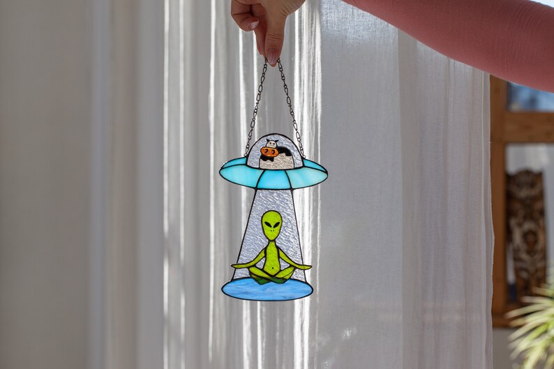 Stained Glass Alien Newcomer Yoga Cow Funny UFO Green Sun - Etsy