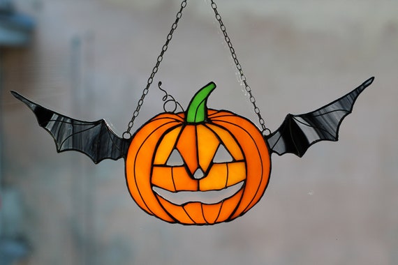 Halloween Pumpkin Suncatcher Stain Glass Bat Wings Orange - Etsy