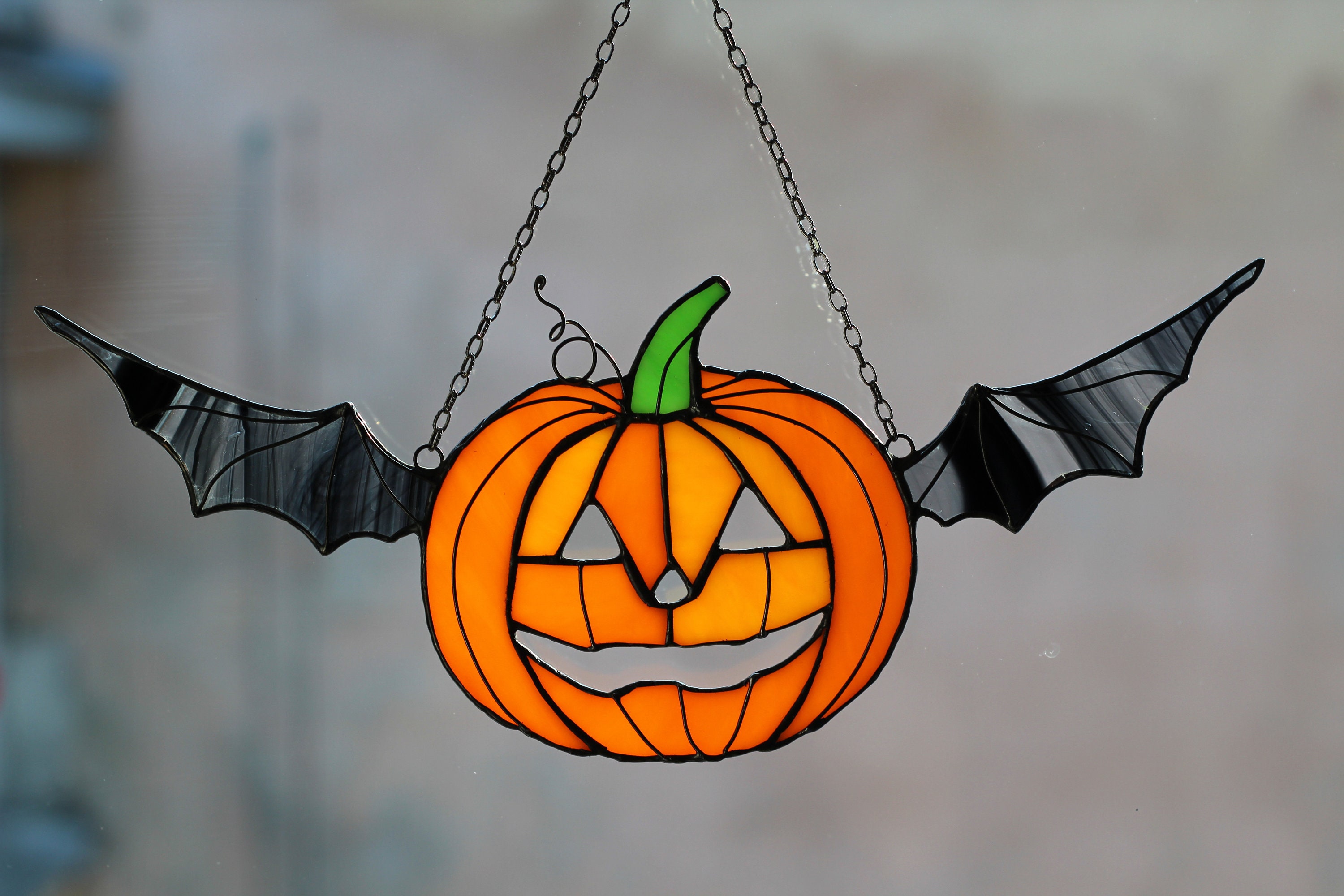 Halloween Pumpkin Suncatcher Stain Glass Bat Wings Orange Picture Home ...