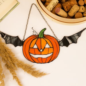 Halloween Pumpkin Suncatcher Stain Glass Bat Wings Orange Picture Home ...