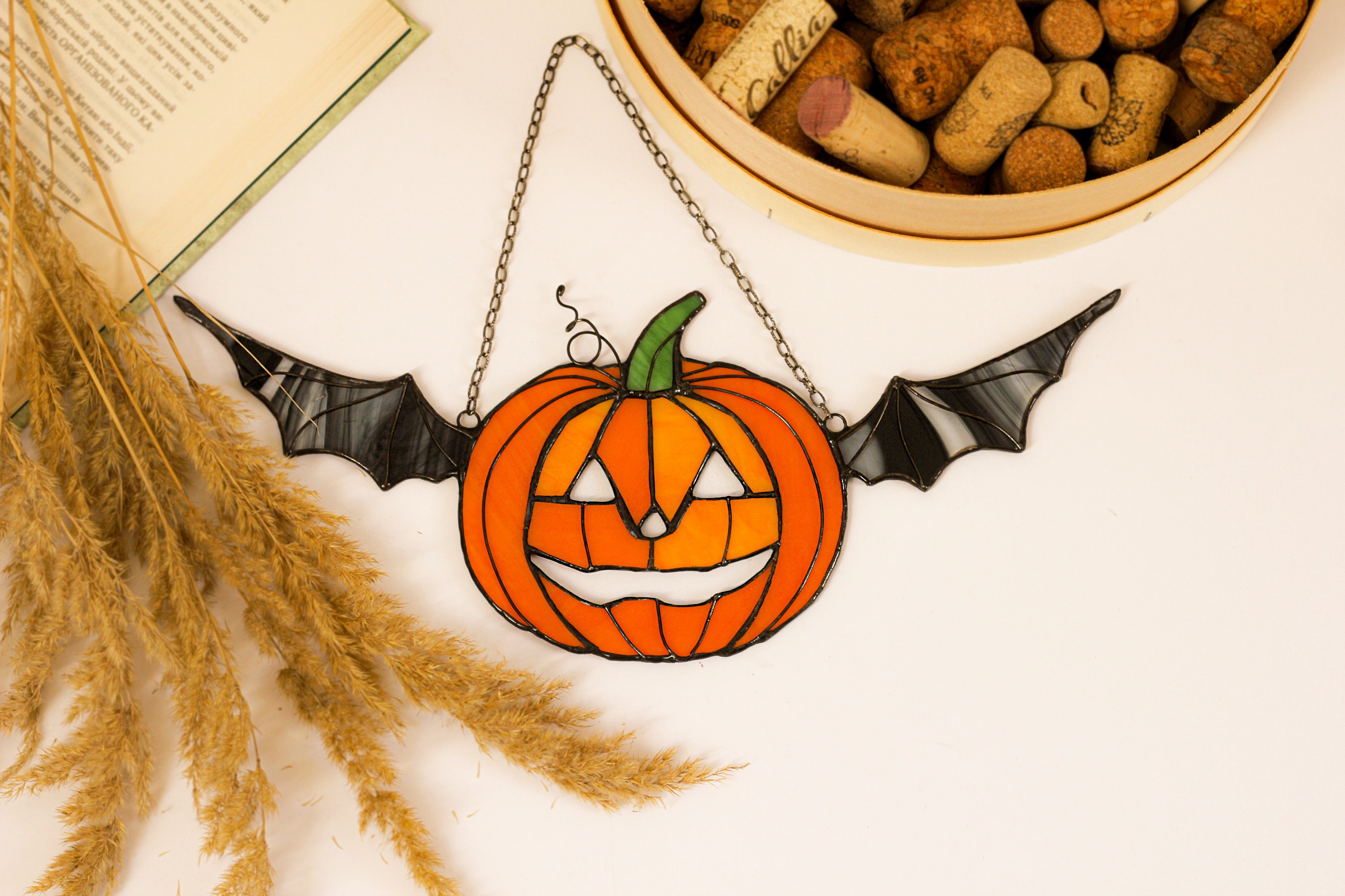 Halloween Pumpkin Suncatcher Stain Glass Bat Wings Orange Picture Home ...