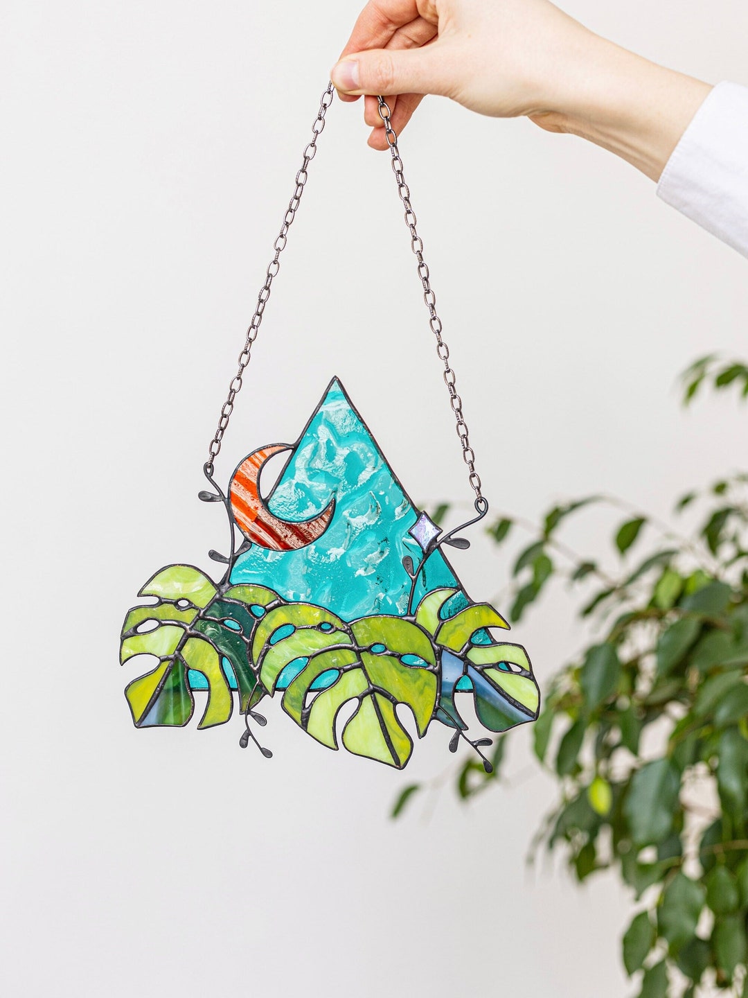 Stained Glass Monstera Moon, Suncatcher Window Hangings, Mother's Day ...