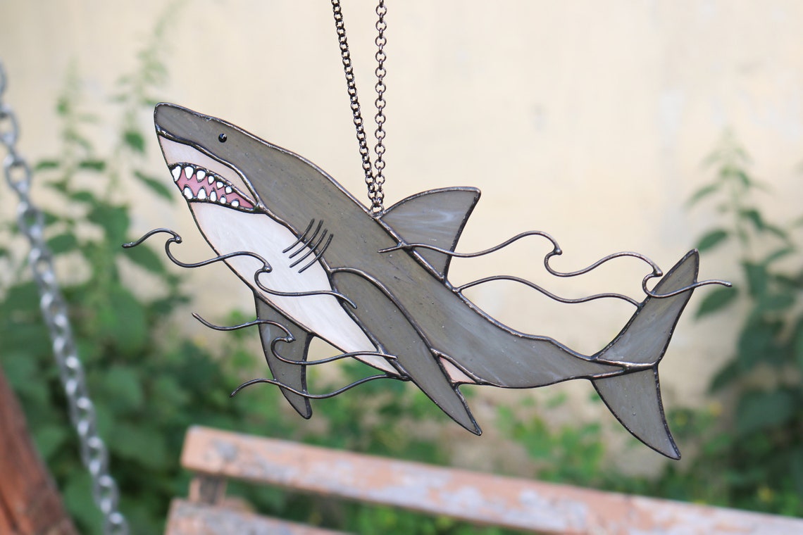 Shark Suncatcher Stained Glass Decor Gray Water Sea Ocean Home - Etsy