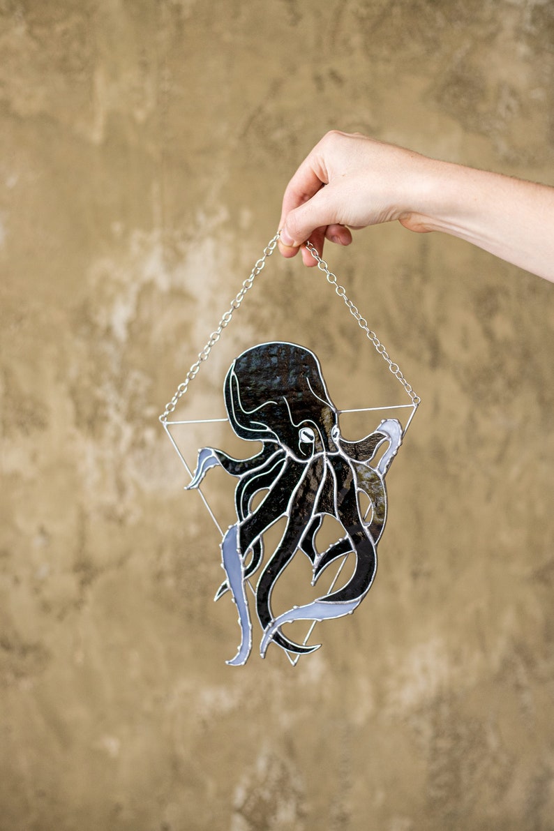 Black Octopus Stained Glass Halloween Suncatcher. Window Wall - Etsy