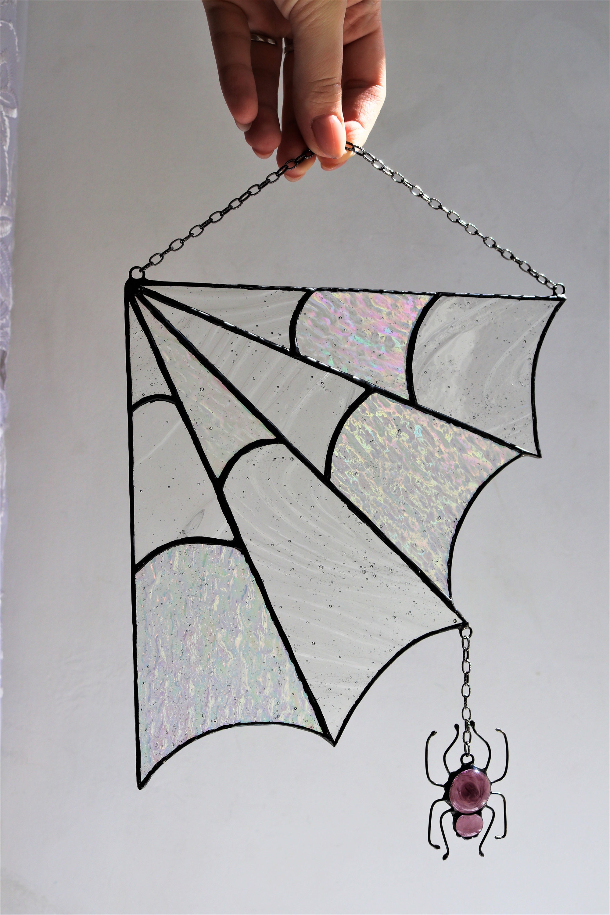 Halloween Stained Glass Spider Web Cobweb Net Suncatcher Panel Etsy Canada