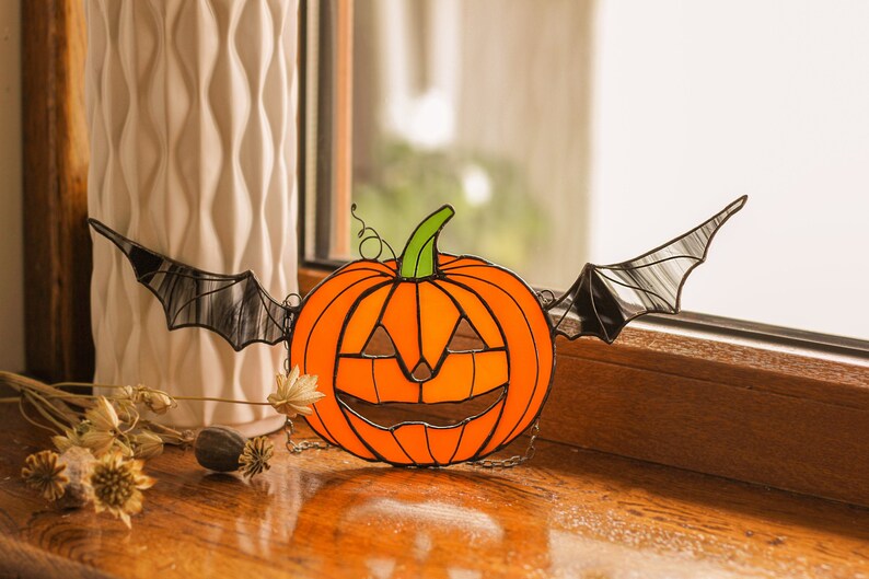 Halloween Pumpkin Suncatcher Stain Glass Bat Wings Orange - Etsy