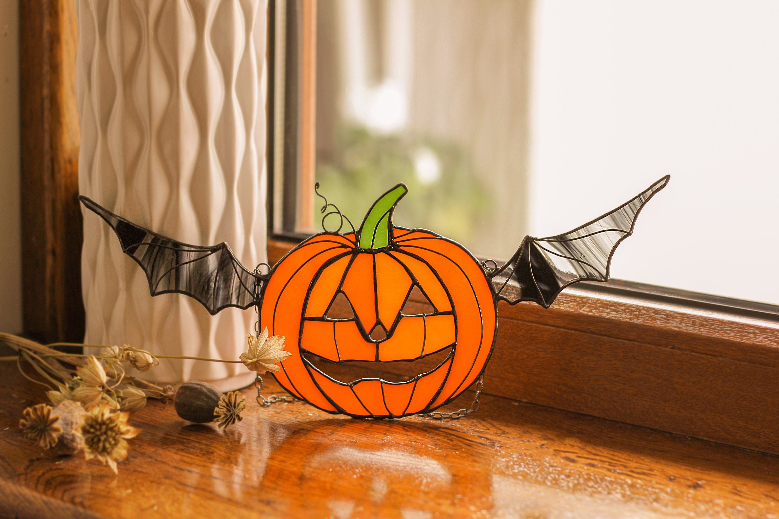 Halloween Pumpkin Suncatcher Stain Glass Bat Wings Orange Picture Home ...