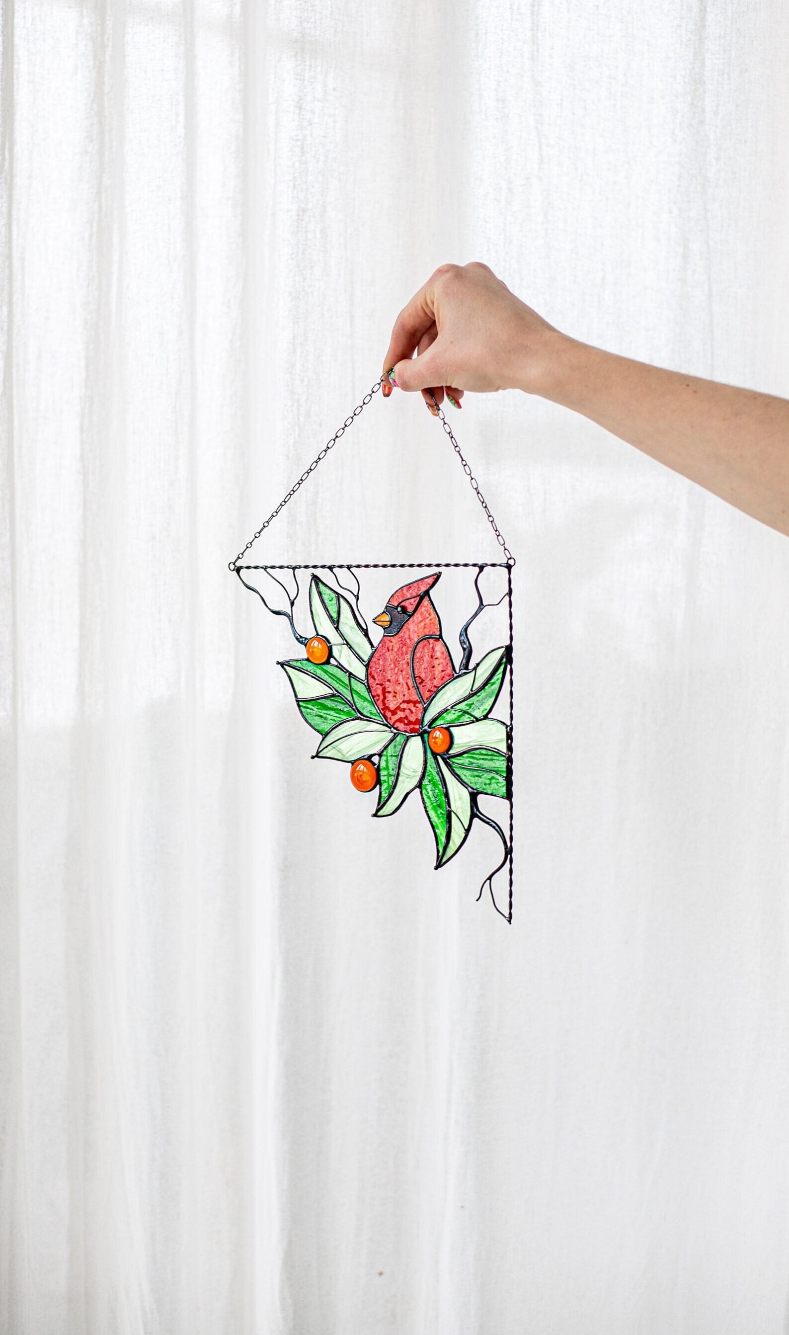 Cardinal Corner Branch Suncatcher Ornament Stained Glass - Etsy