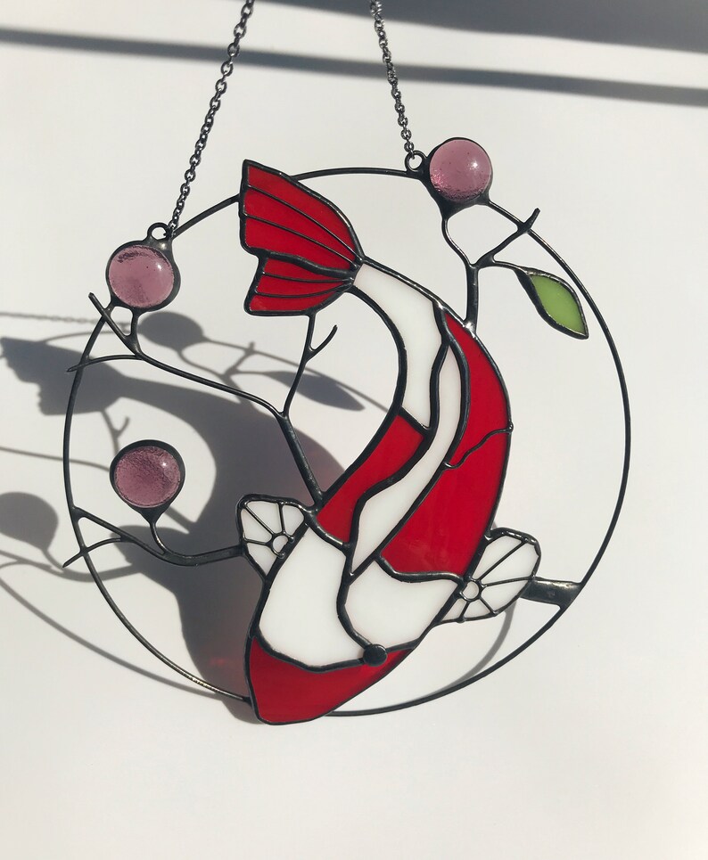 Stained Glass Red Fish Fancy Carp Suncatcher Tiffany Gift Farmhouse ...