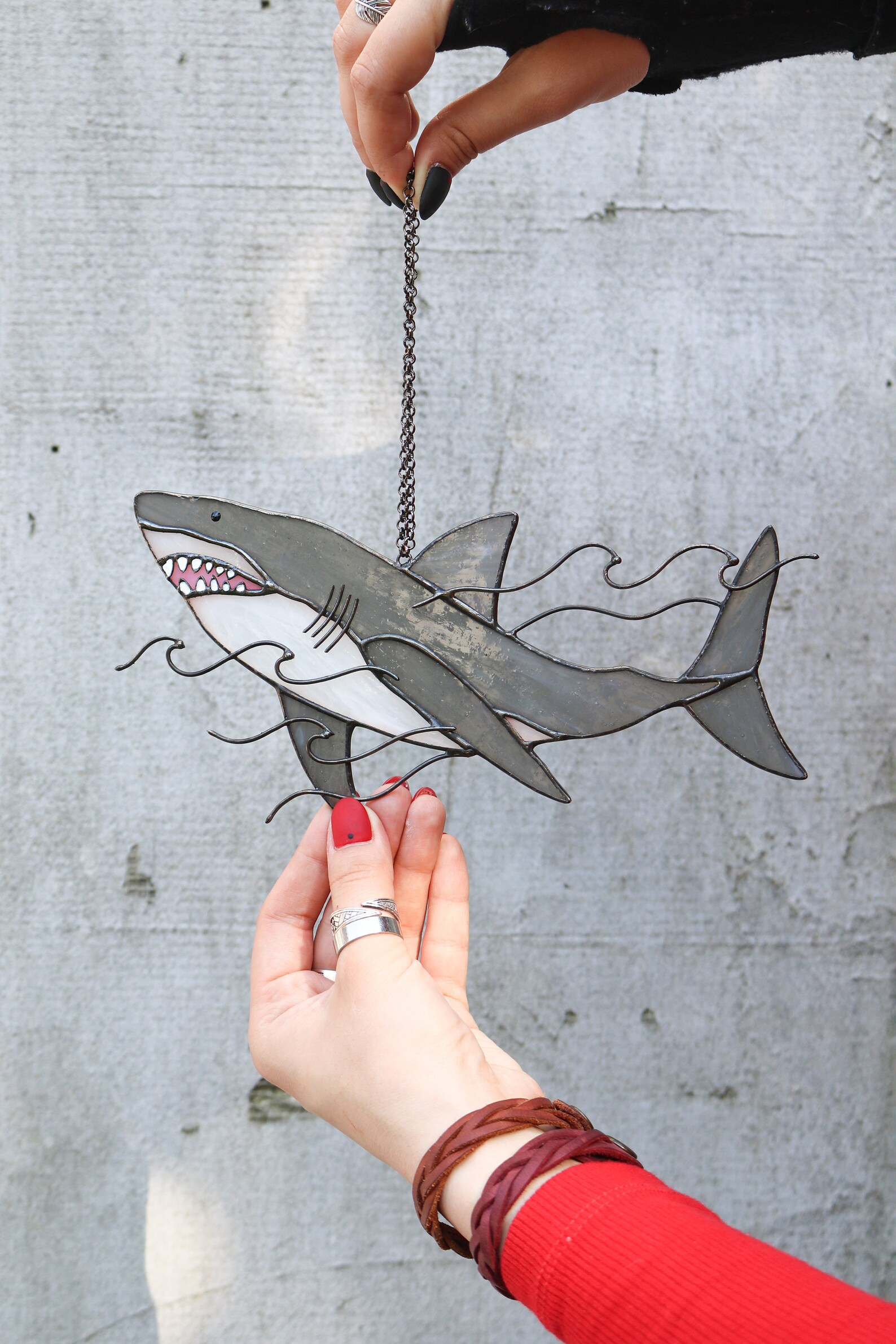 Shark Suncatcher Stained Glass Decor Gray Water Sea Ocean Home - Etsy