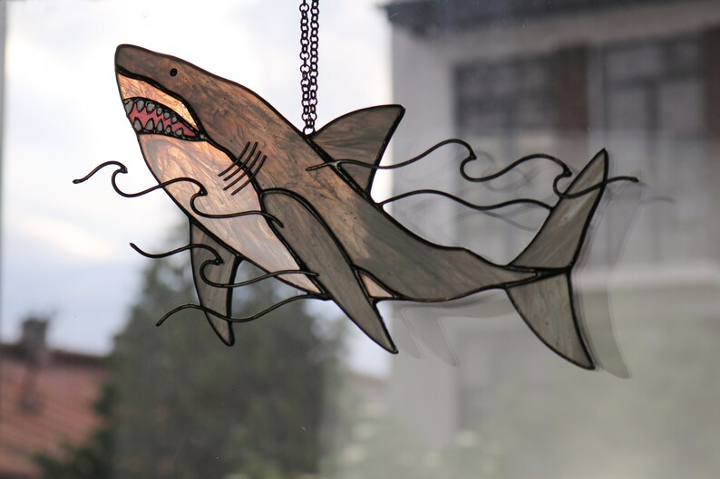 Shark Suncatcher Stained Glass Decor Gray Water Sea Ocean Home - Etsy