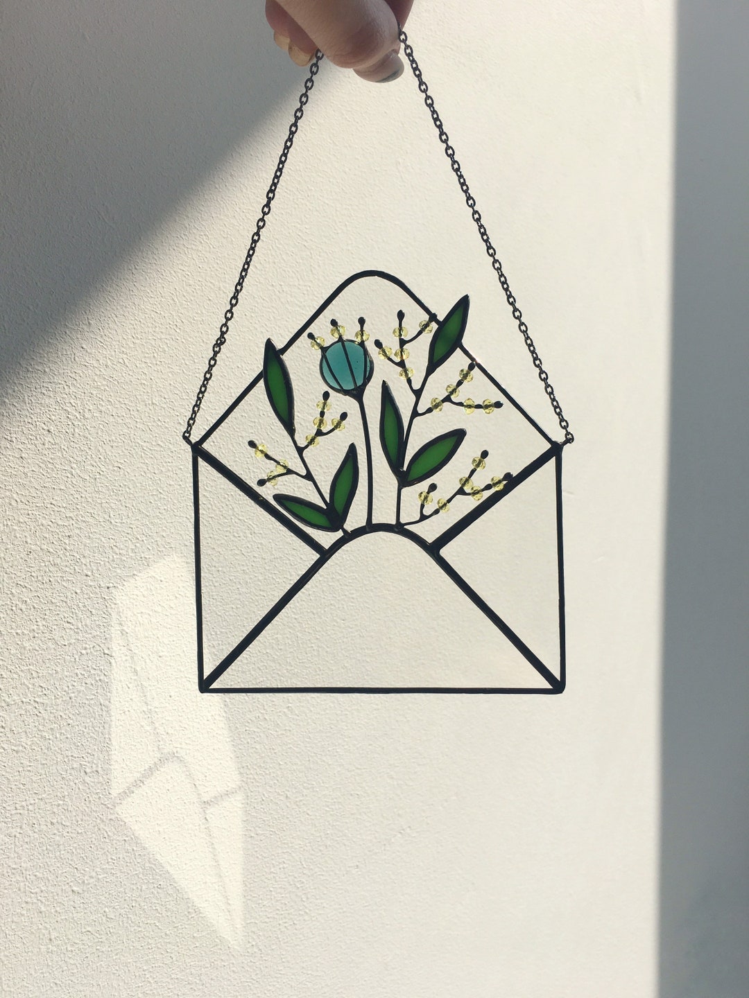 Stained Glass Green Clear Envelope Suncatcher Woman Gift Home Decor Art ...