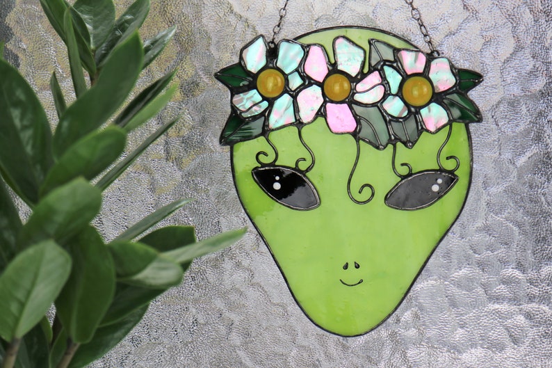 Stained Glass Alien UFO Green Sun Catcher Panel Suncatcher - Etsy