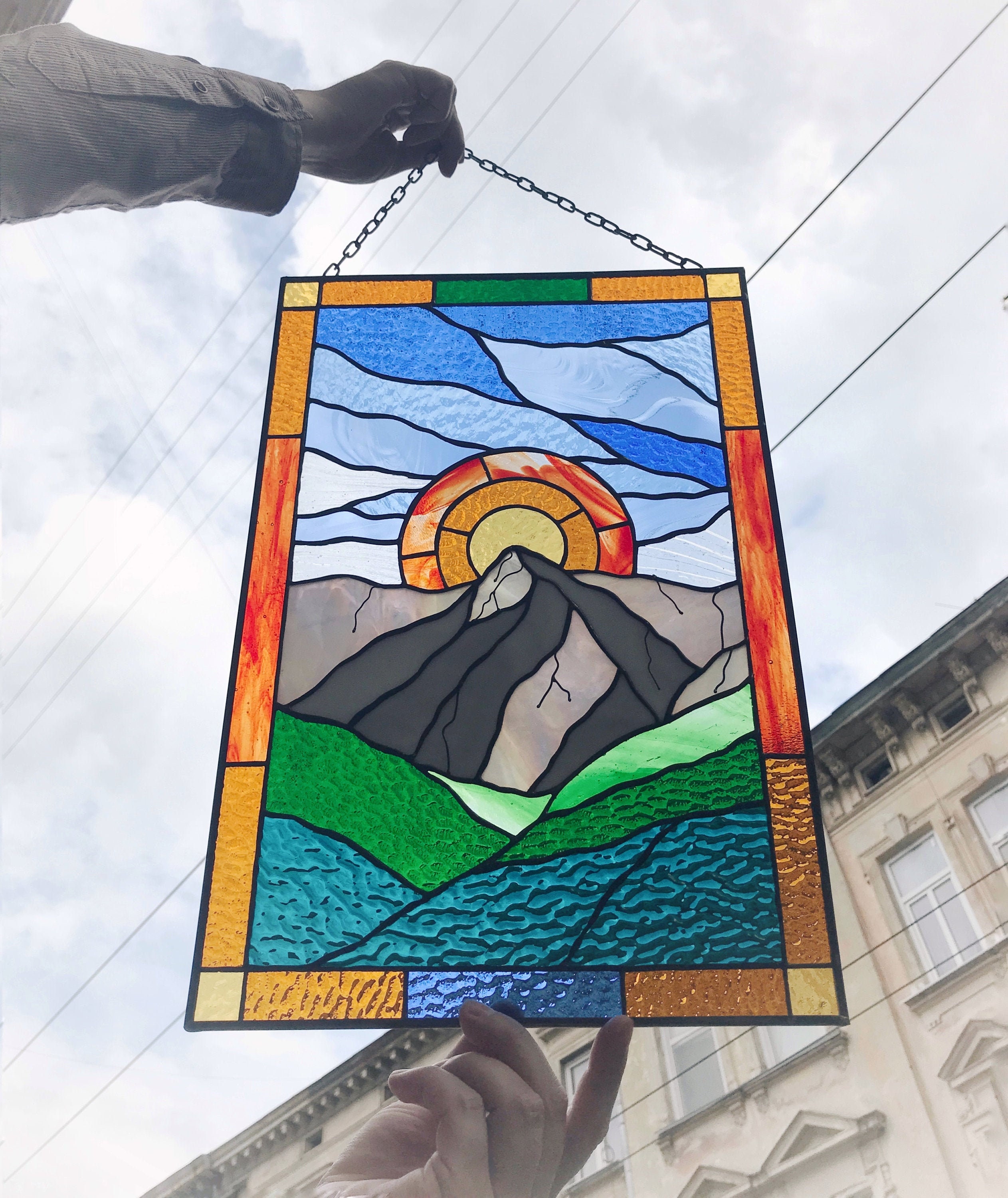 Stain Glass Panel Suncatcher Picture Sunset Mountains Hill | Etsy