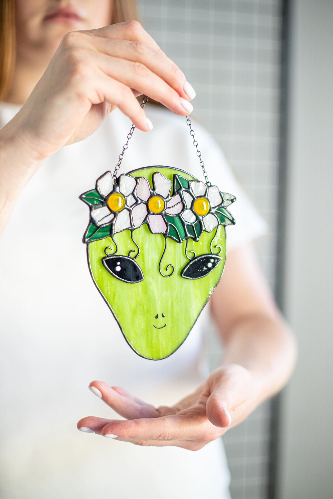 Stained Glass Alien UFO Green Sun Catcher Suncatcher Ornament Galaxy ...