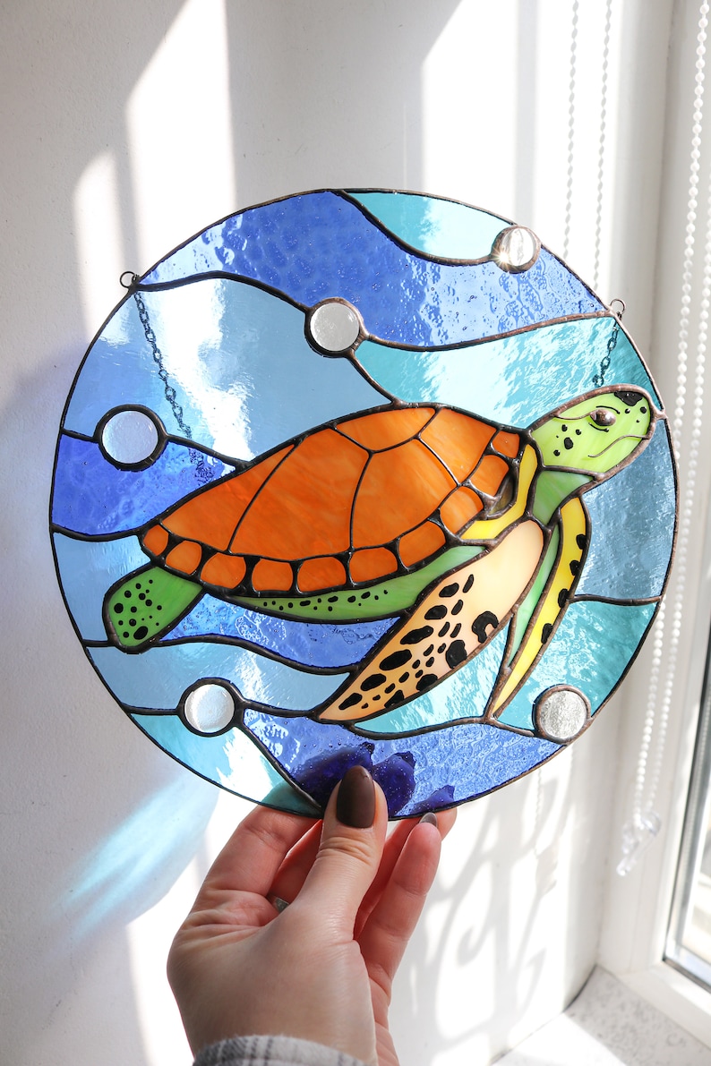 Turtle Suncatcher Stained Glass Panel Decor Green Home House - Etsy