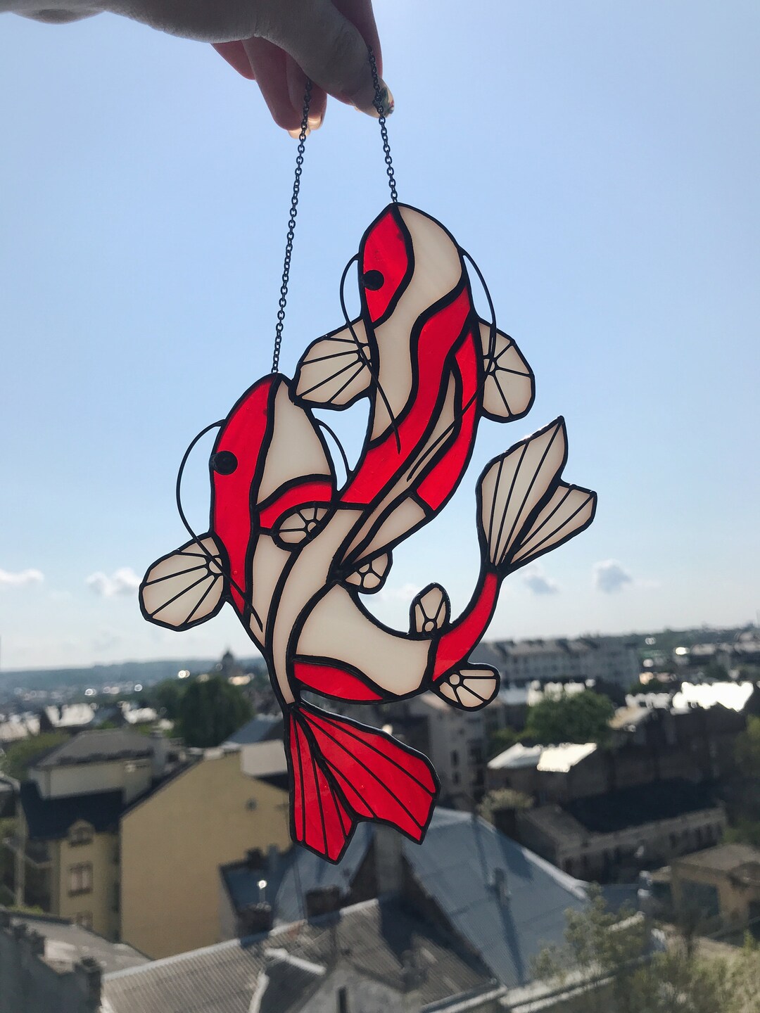 Stained Glass Red Fish Fancy Carp Suncatcher Tiffany Gift Farmhouse ...