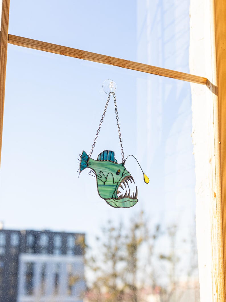 Anglerfish Suncatcher Stained Glass Decor Blue Home House Window Wall ...