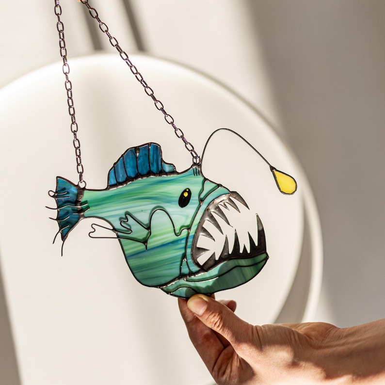Anglerfish Suncatcher Stained Glass Decor Blue Home House Window Wall ...