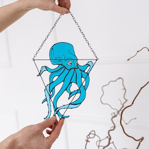 Blue Octopus Stained Glass Suncatcher. House Home Decor. Window Wall ...