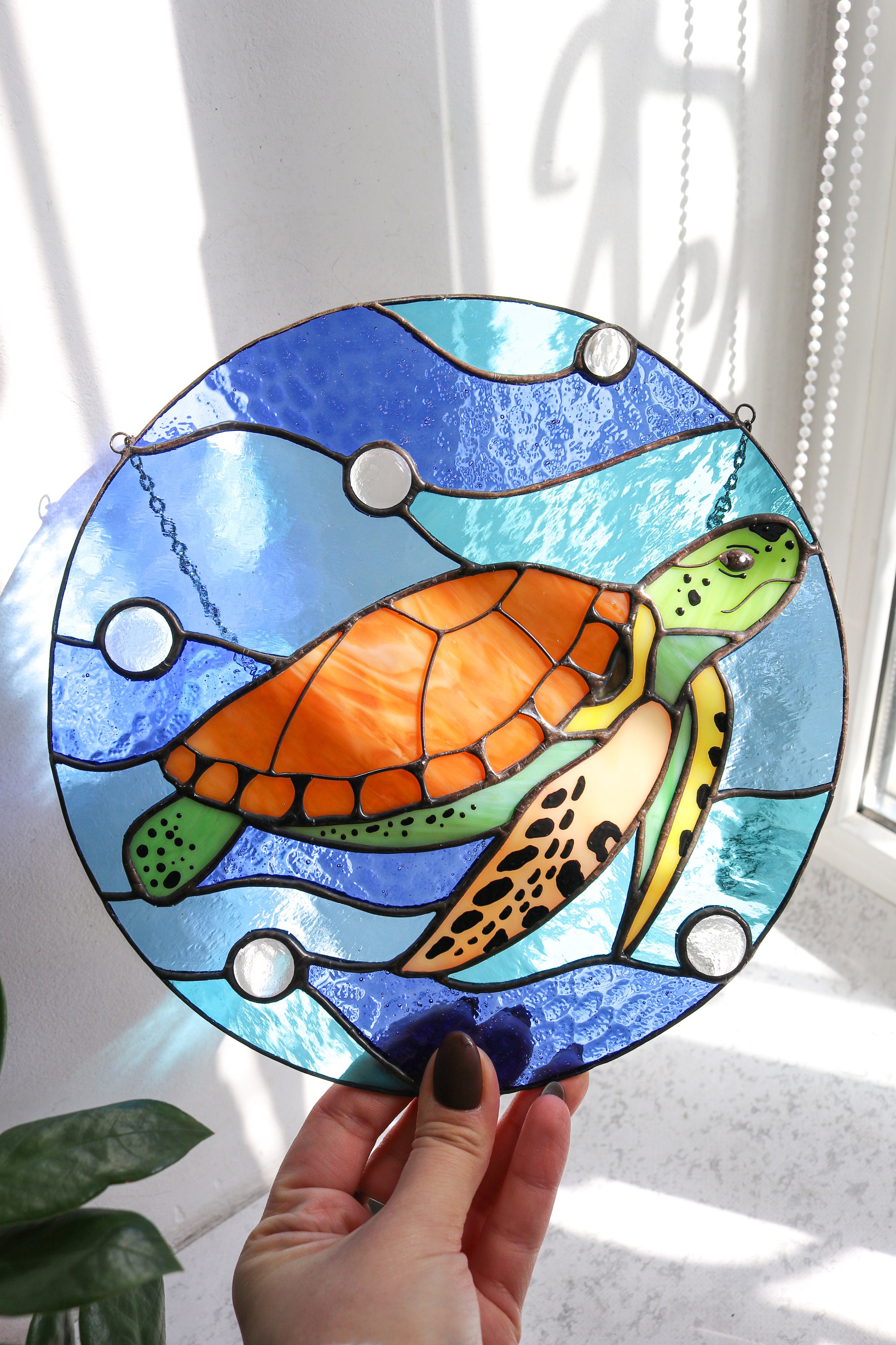 Turtle Suncatcher Stained Glass Panel Decor Green Home House - Etsy