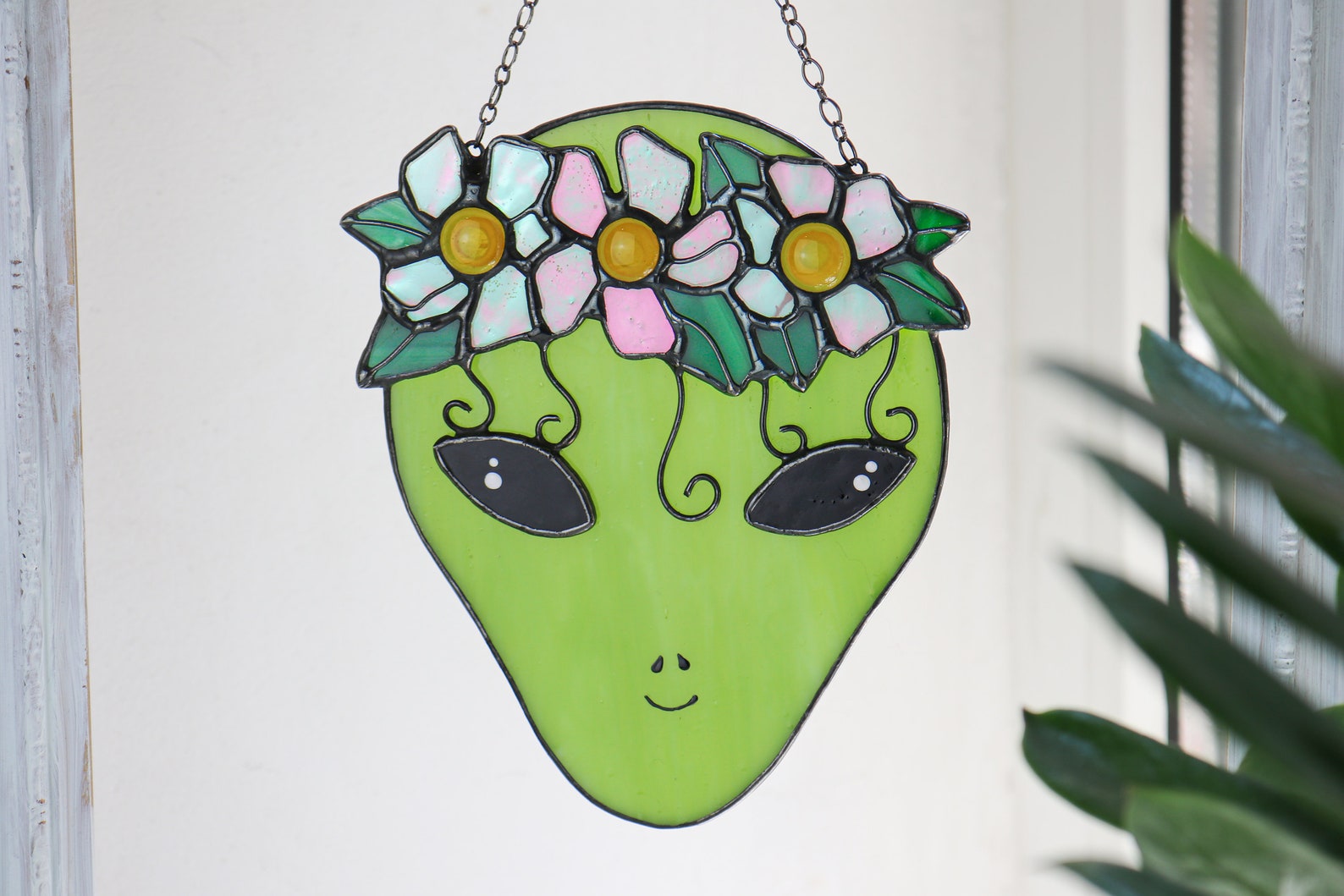 Stained Glass Alien UFO Green Sun Catcher Panel Suncatcher - Etsy