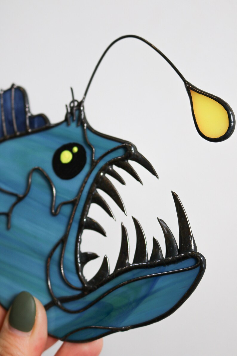 Anglerfish Suncatcher Stained Glass Decor Blue Home House Window Wall ...