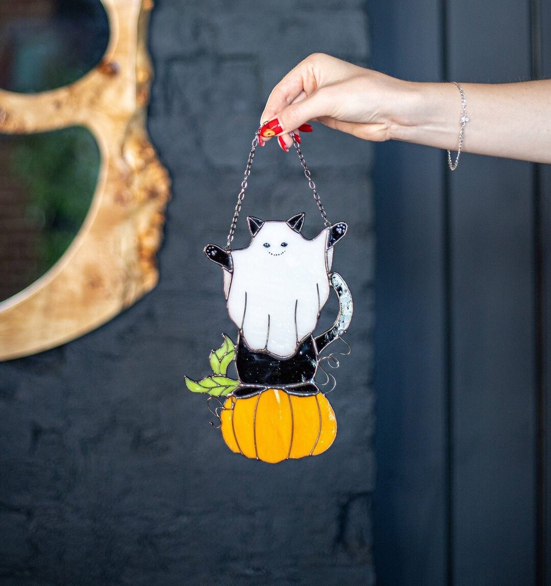 Mystical Ghost Cat on Pumpkin Stained Glass Suncather. Halloween Decor ...