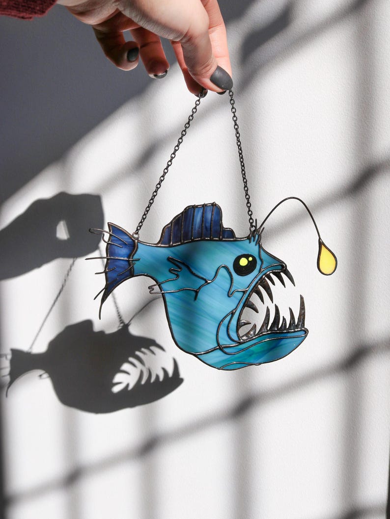 Anglerfish Suncatcher Stained Glass Decor Blue Home House Window Wall ...