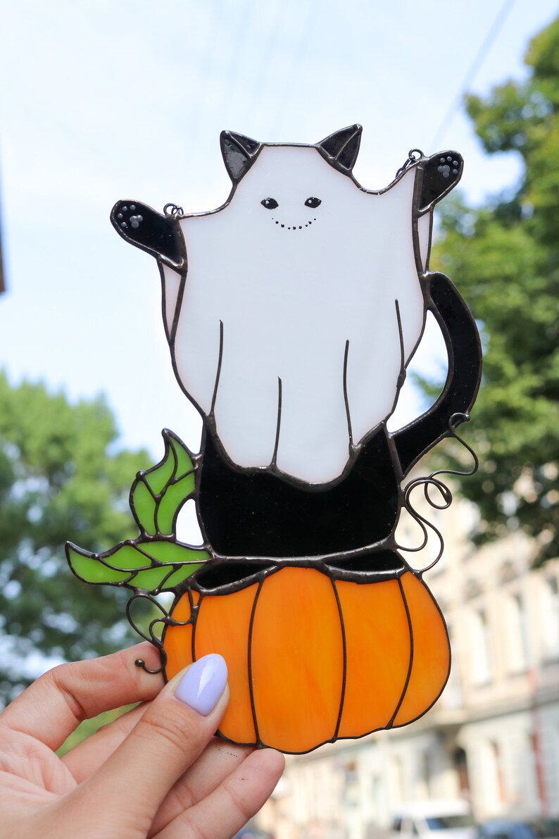 Mystical Ghost Cat on Pumpkin Stained Glass Suncather. - Etsy