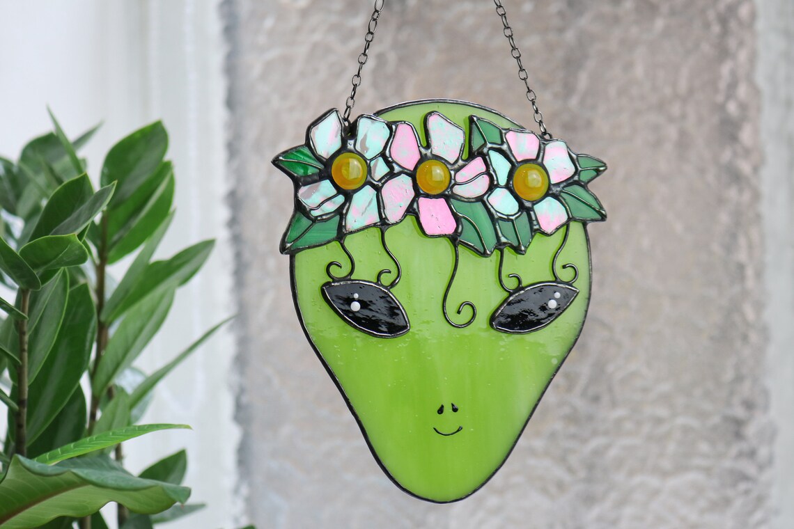 Stained Glass Alien UFO Green Sun Catcher Panel Suncatcher - Etsy