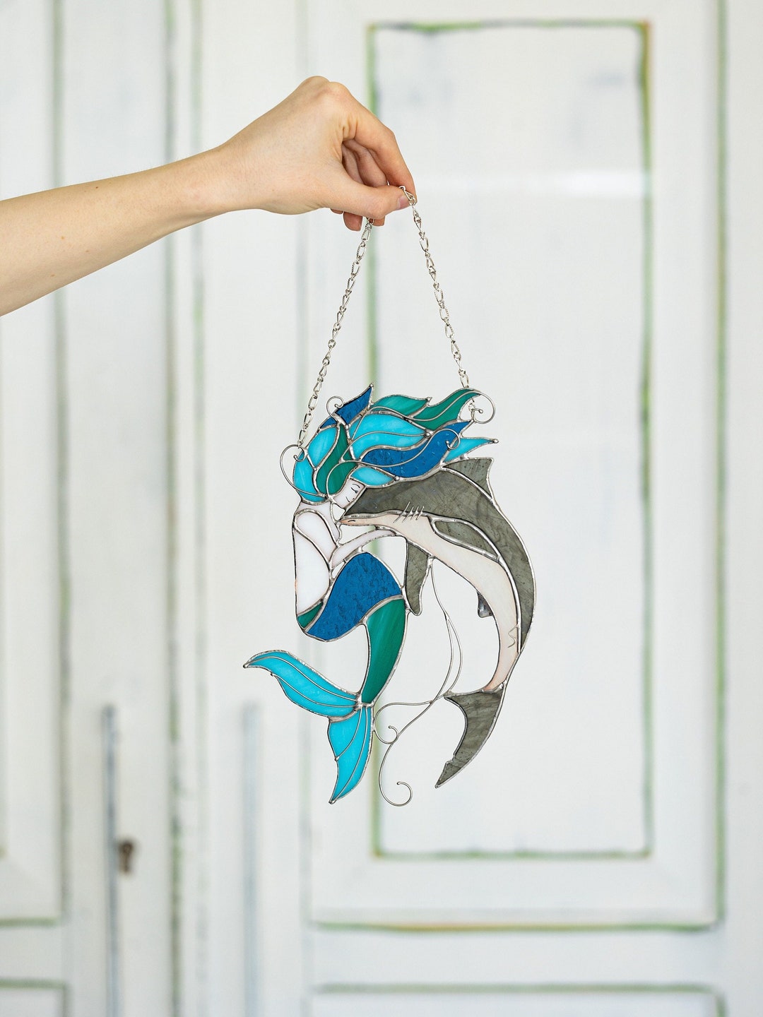 Mermaid Shark Suncatcher Stained Glass Nixie Decor Blue Water Nymph ...