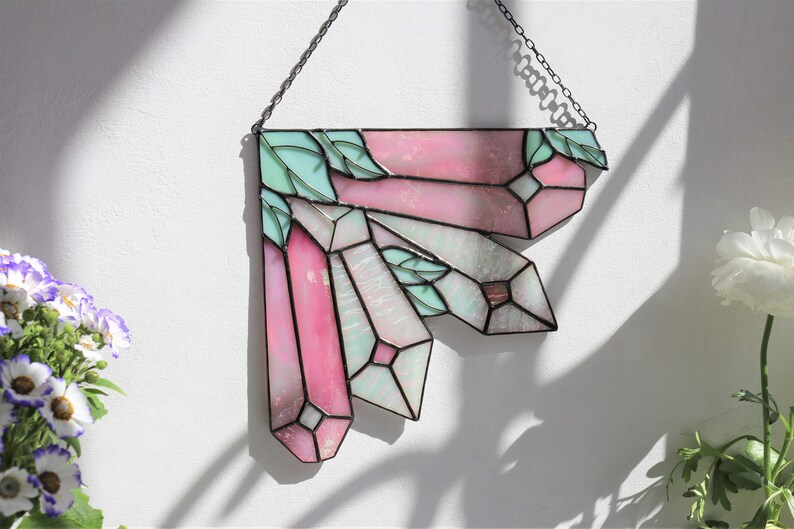 Stained Glass Window Hangings Pink Corner Crystals Panel | Etsy
