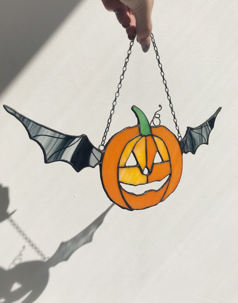 Halloween Pumpkin Suncatcher Stain Glass Bat Wings Orange - Etsy