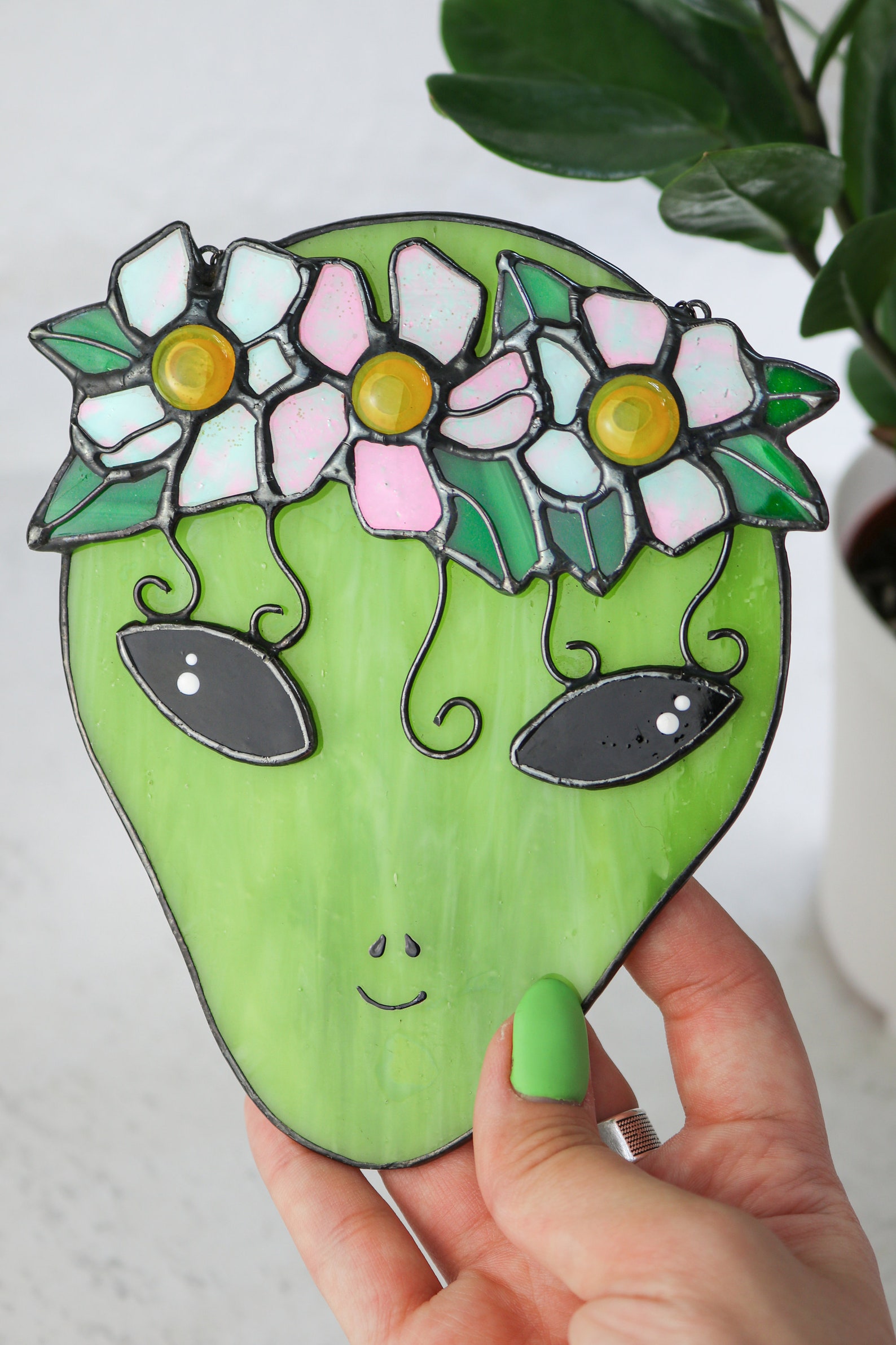 Stained Glass Alien UFO Green Sun Catcher Panel Suncatcher - Etsy