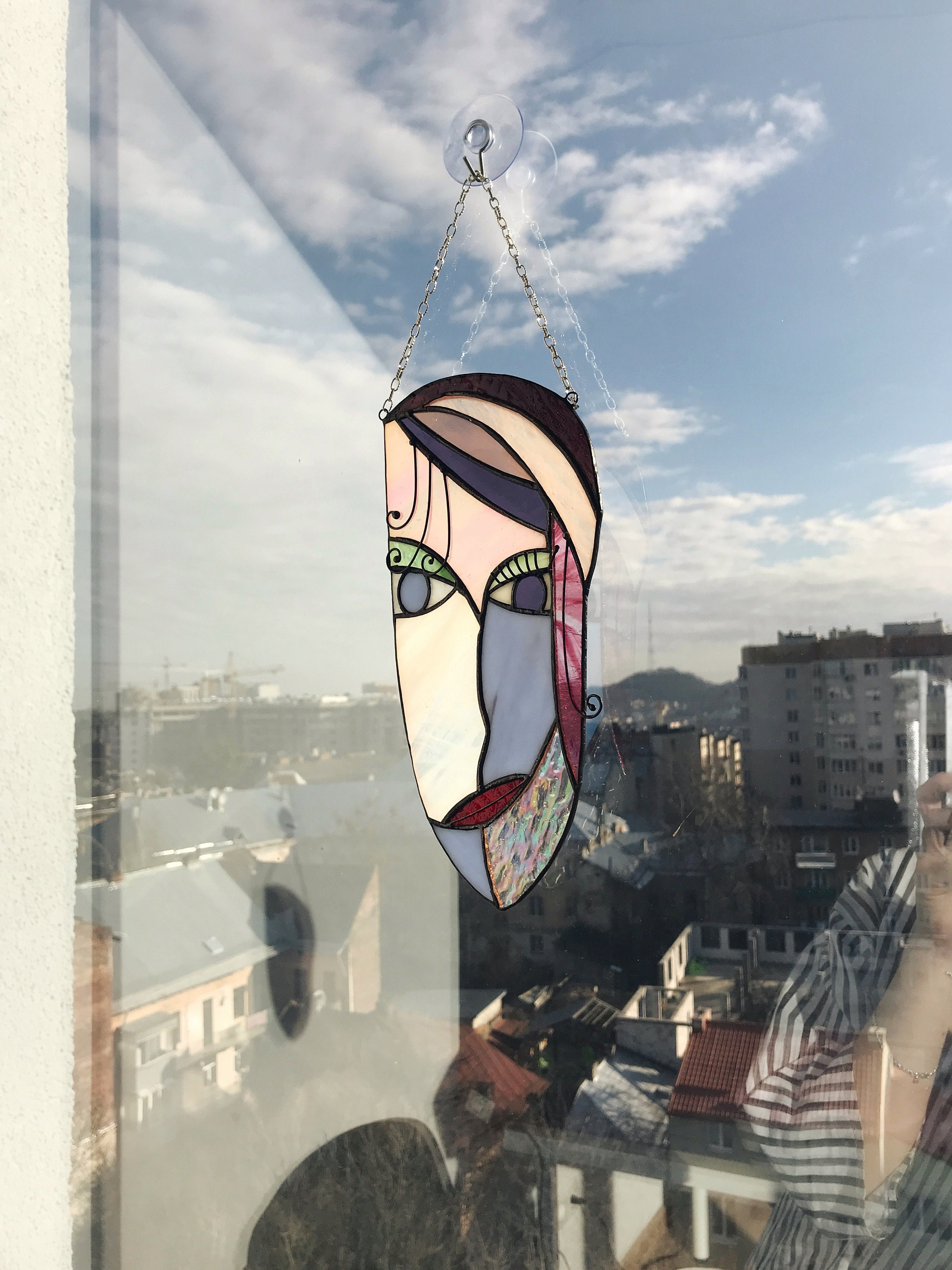 Cling Picture of Girl Face Cloak Mask Stained Glass Panel Suncatcher ...