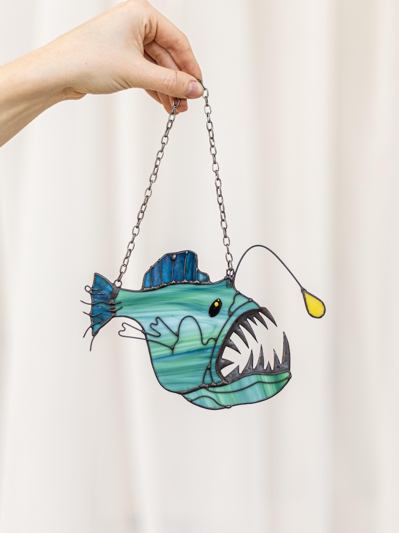 Anglerfish Suncatcher Stained Glass Decor Blue Home House Window Wall ...