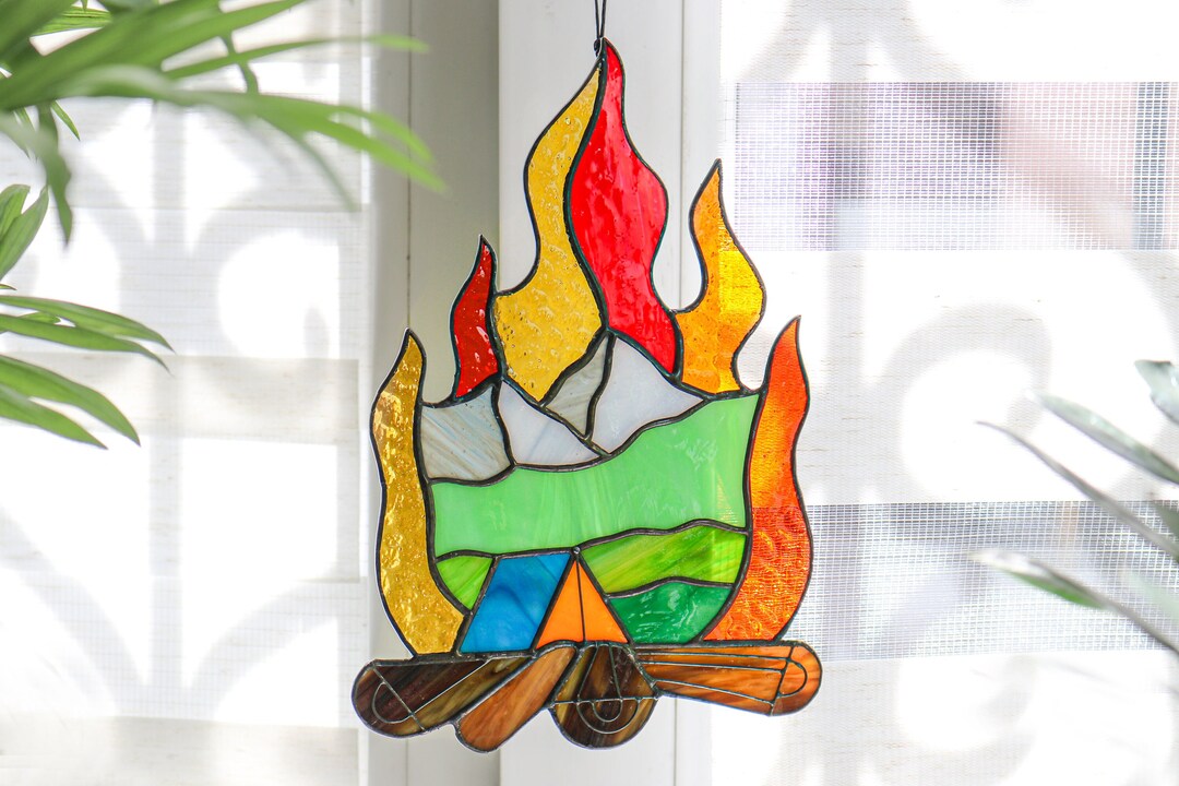 Bonfire Stained Glass Panel Suncatcher Picture Mountains Hill Landscape ...
