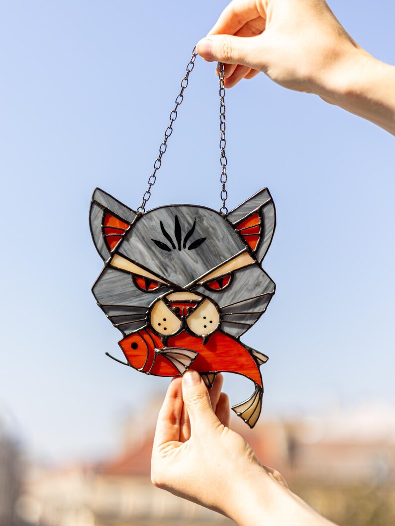 Funny Stained Glass Suncatcher Angry Cat With Caught Fish, Gray Home ...