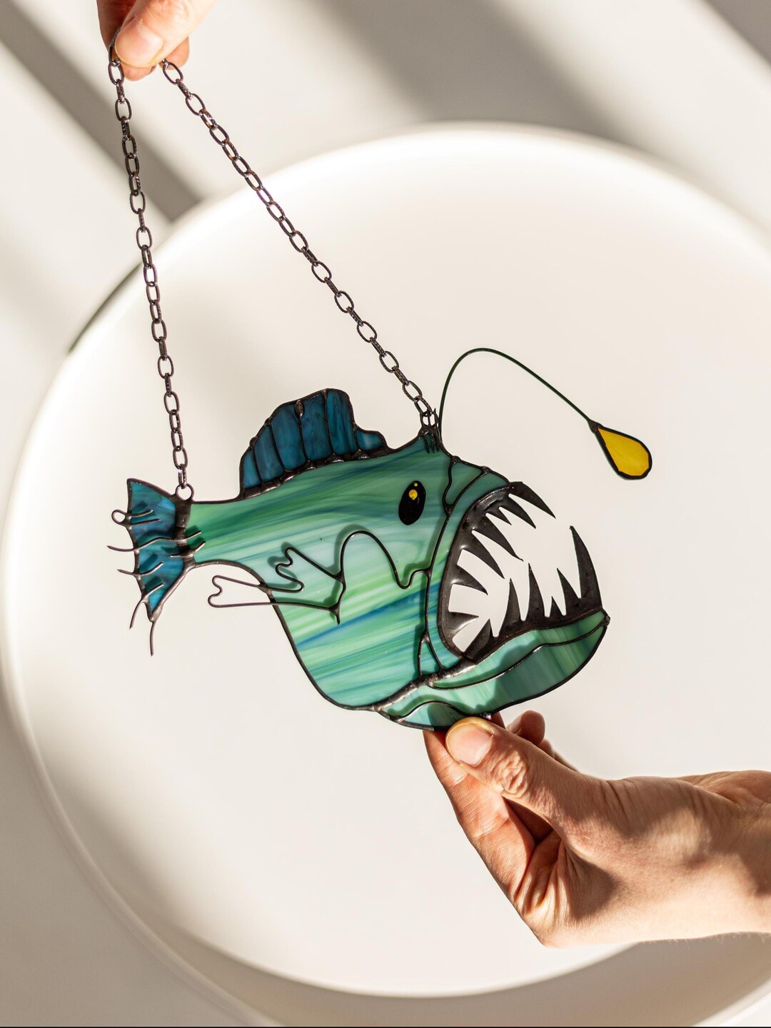 Anglerfish Devil Fish Suncatcher Stained Glass Decor Blue Home House ...