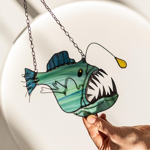 Anglerfish Devil Fish Suncatcher Stained Glass Decor Blue Home House ...