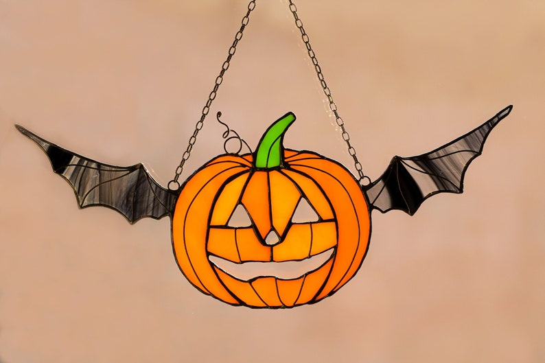 Halloween Pumpkin Suncatcher Stain Glass Bat Wings Orange - Etsy