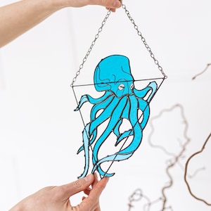 Blue Octopus Stained Glass Suncatcher. House Home Decor. Window Wall ...