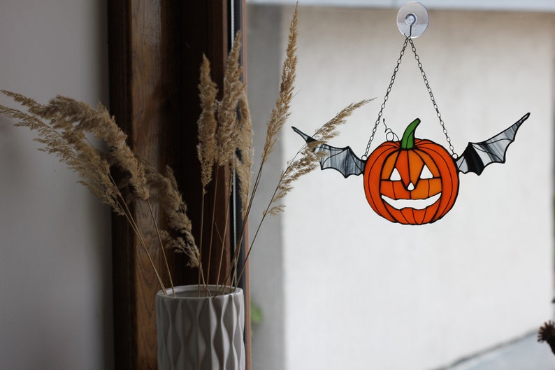 Halloween Pumpkin Suncatcher Stain Glass Bat Wings Orange - Etsy