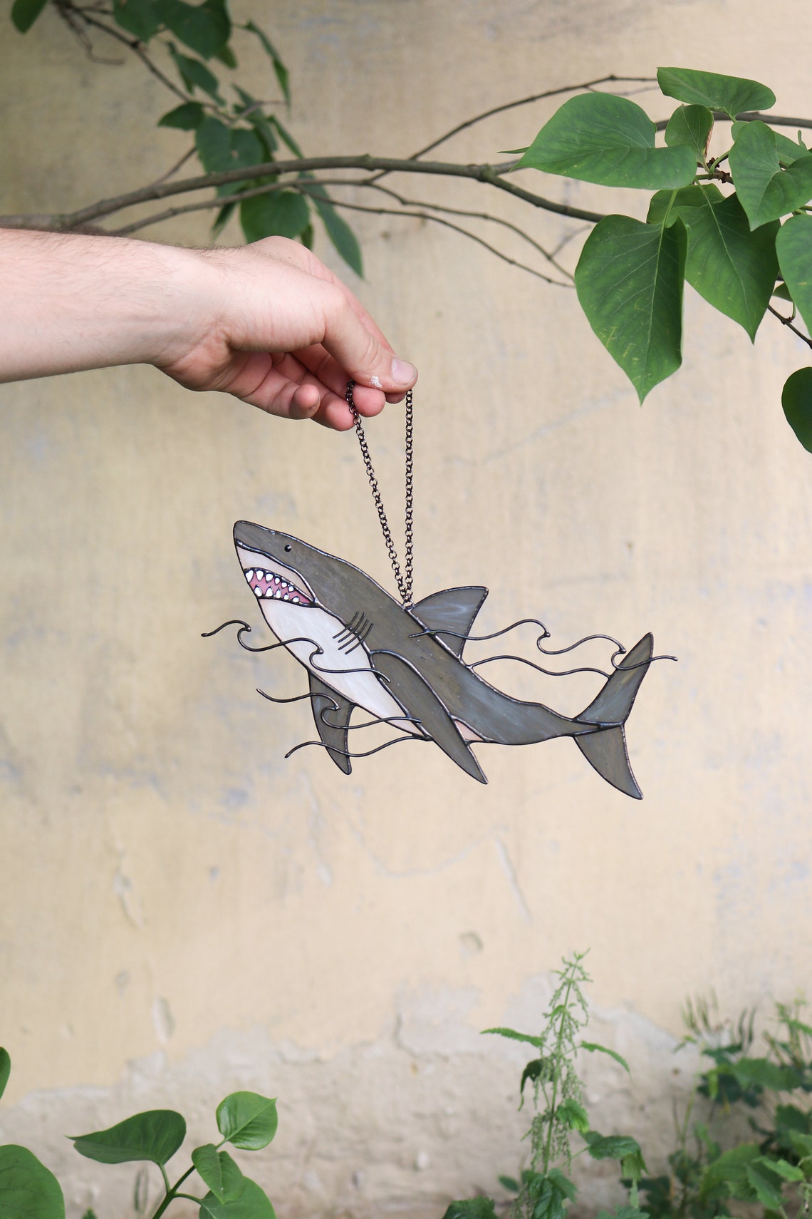 Shark Suncatcher Stained Glass Decor Gray Water Sea Ocean Home - Etsy