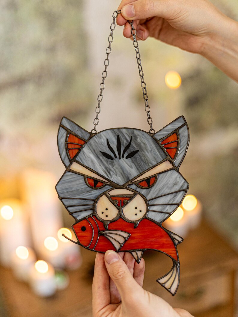 Funny Stained Glass Suncatcher Angry Cat With Caught Fish, Gray Home ...